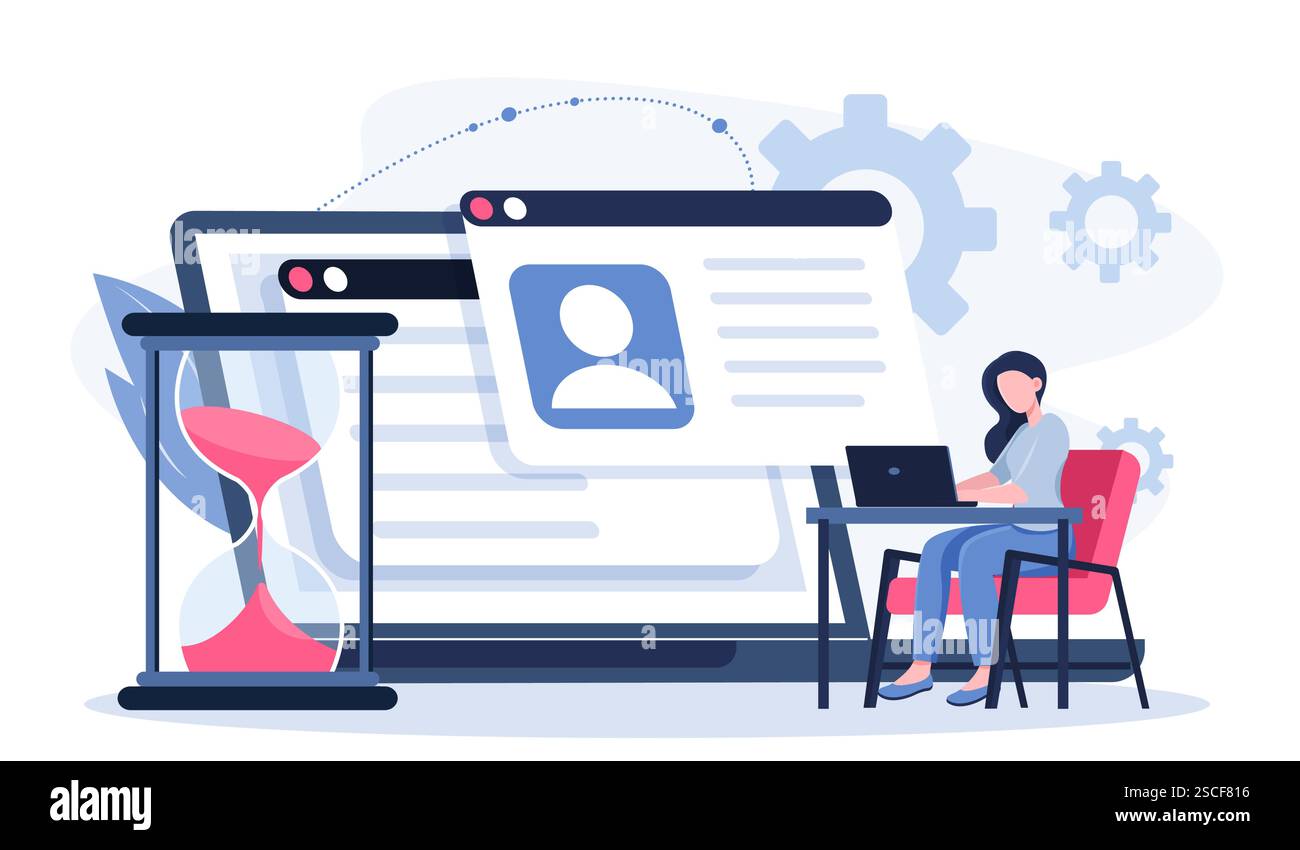 Online survey concept. Woman with laptop answers questions on Internet ...