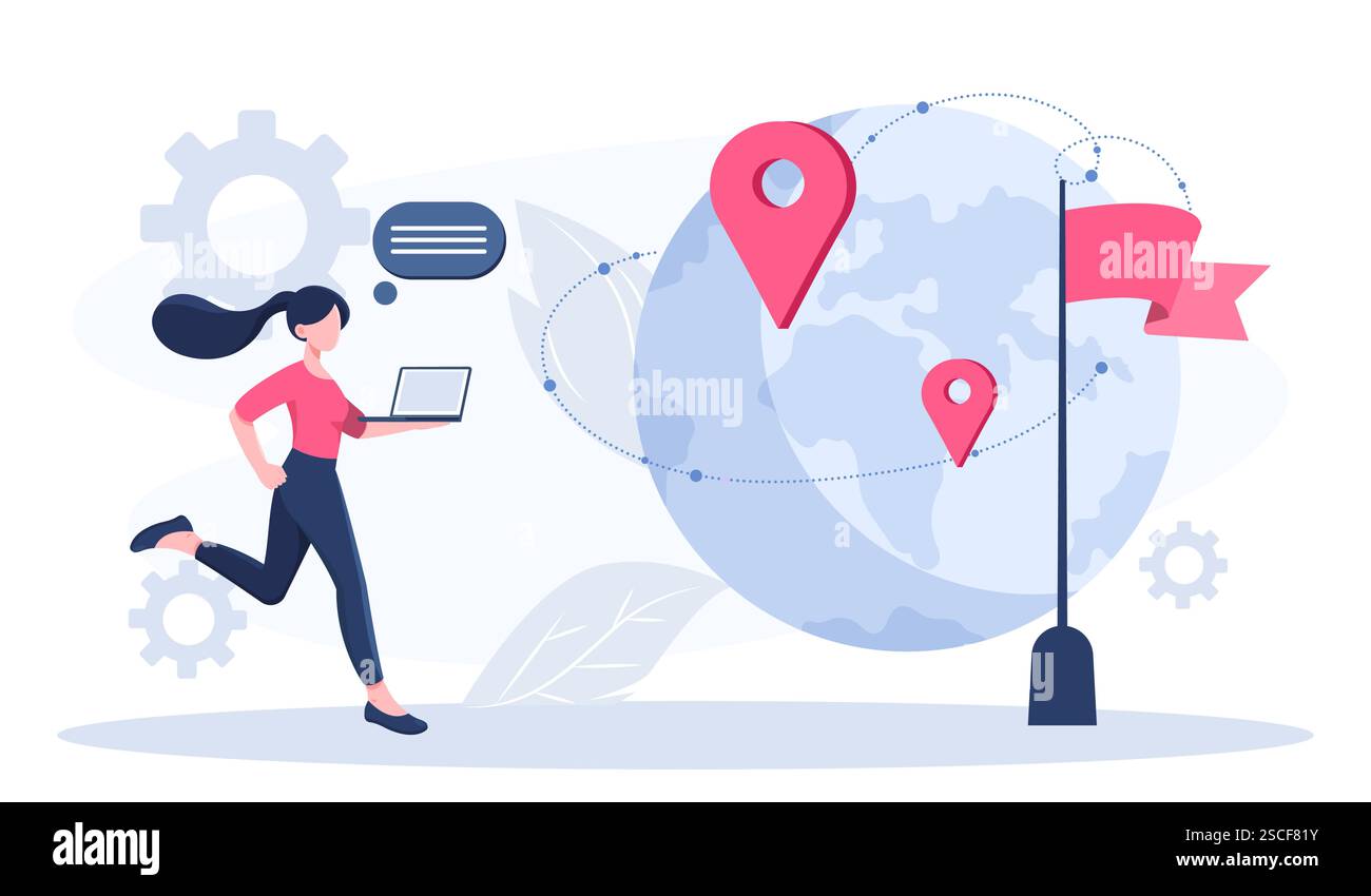 Project planning timeline. Woman with laptop running towards red flag ...