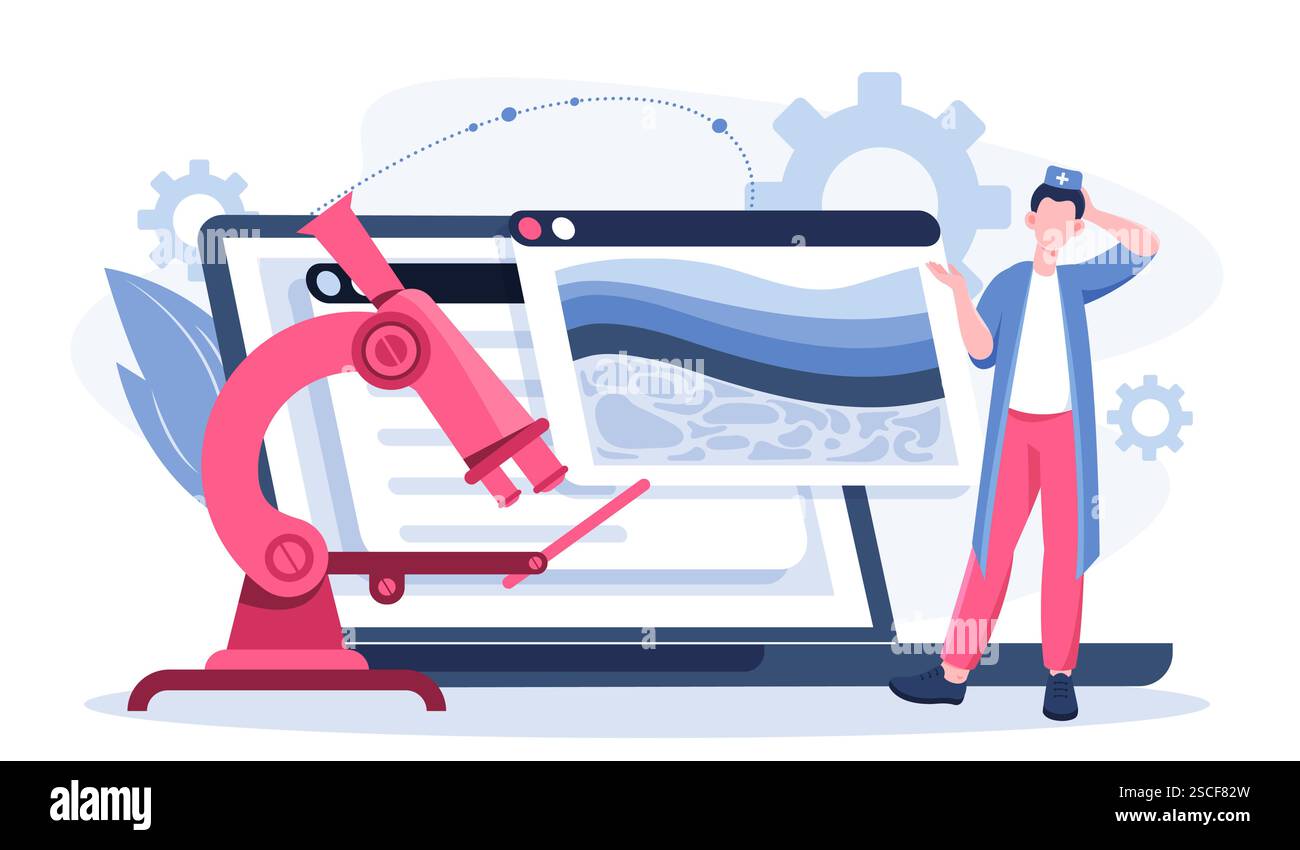 Professional oncologist online. Man in medical uniform near microscope ...