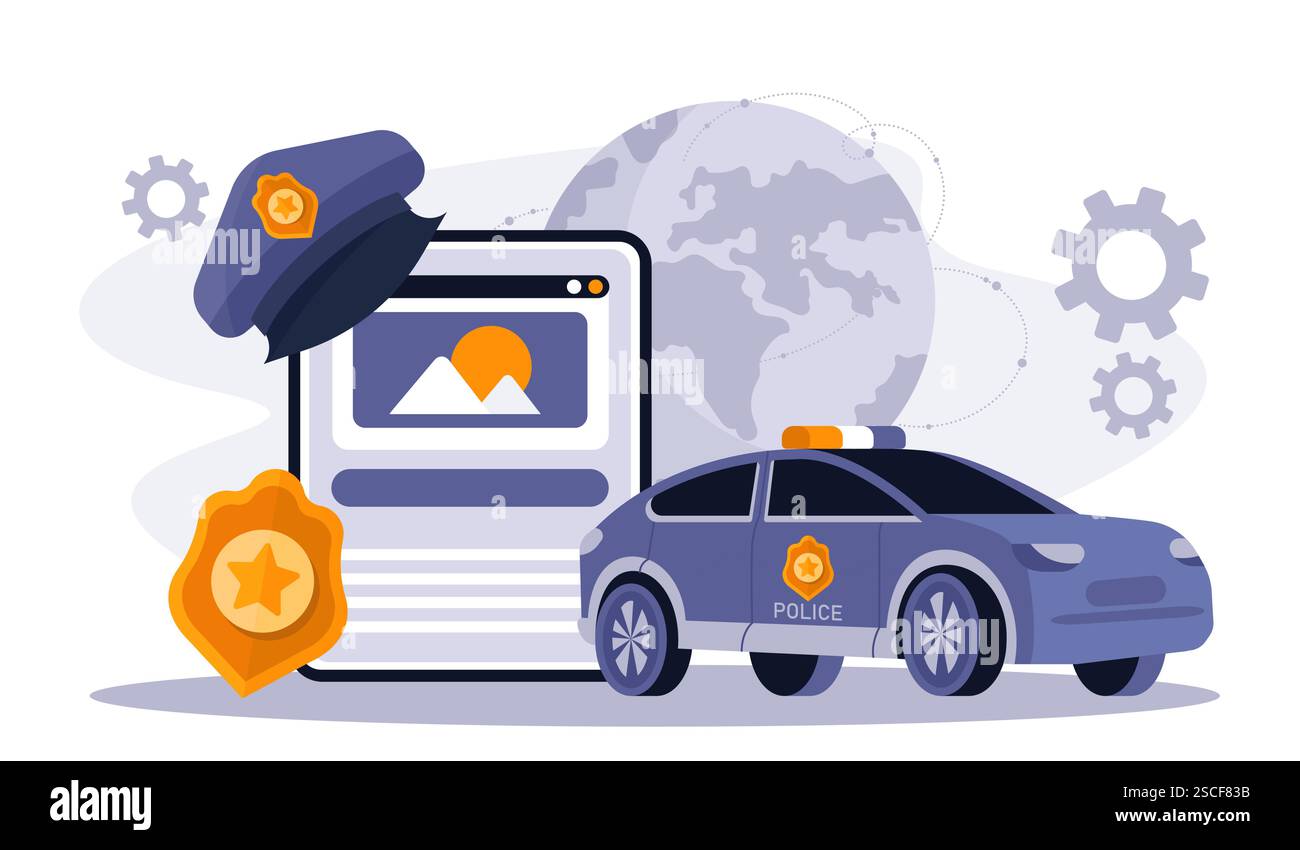 Policeman online concept. Policeman hat, gold badge and police car ...