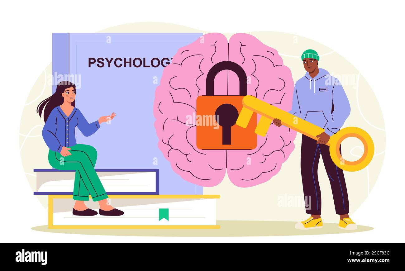 Team of psychologists. Woman and man with golden key near brains and ...