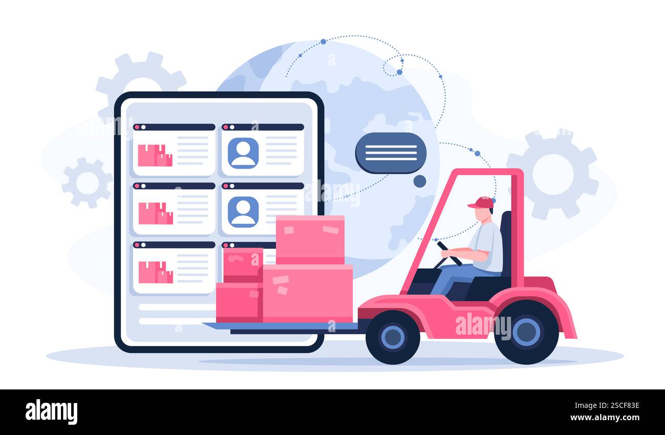 Raw material supply. Man on forklift with cardboard boxes near tablet ...