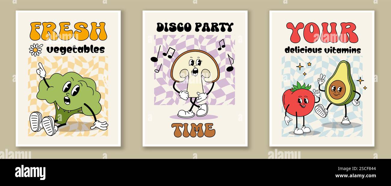 Vegetables characters posters set. Banners with broccoli, avocado ...