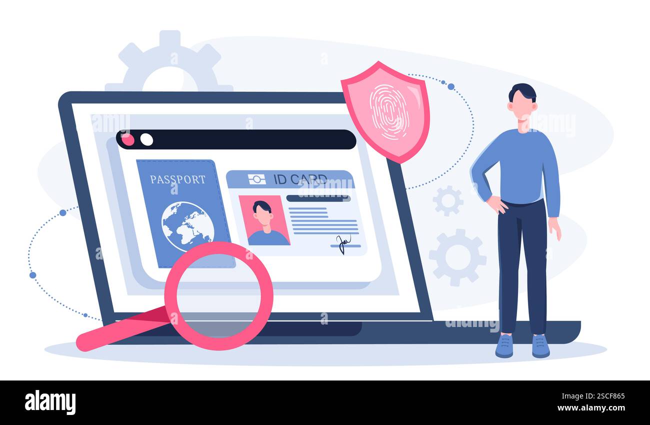 Smart id card. Man near magnifying glass and laptop with document ...