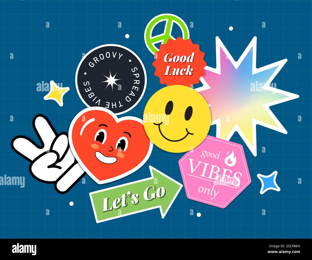 Retro labels composition. Happy emoji, emoticon, heart with cheers ...