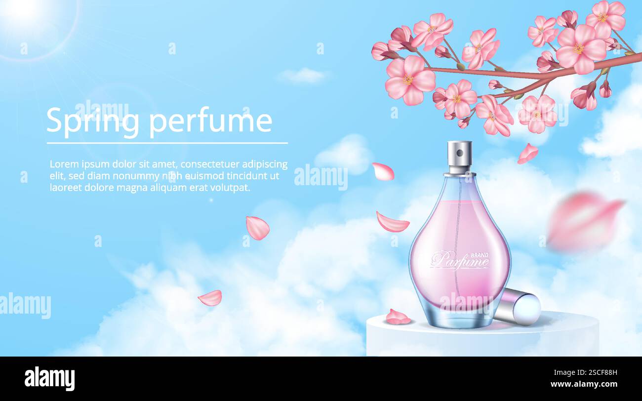 Spring perfume poster. Bottle with pink parfume near sakura branch ...