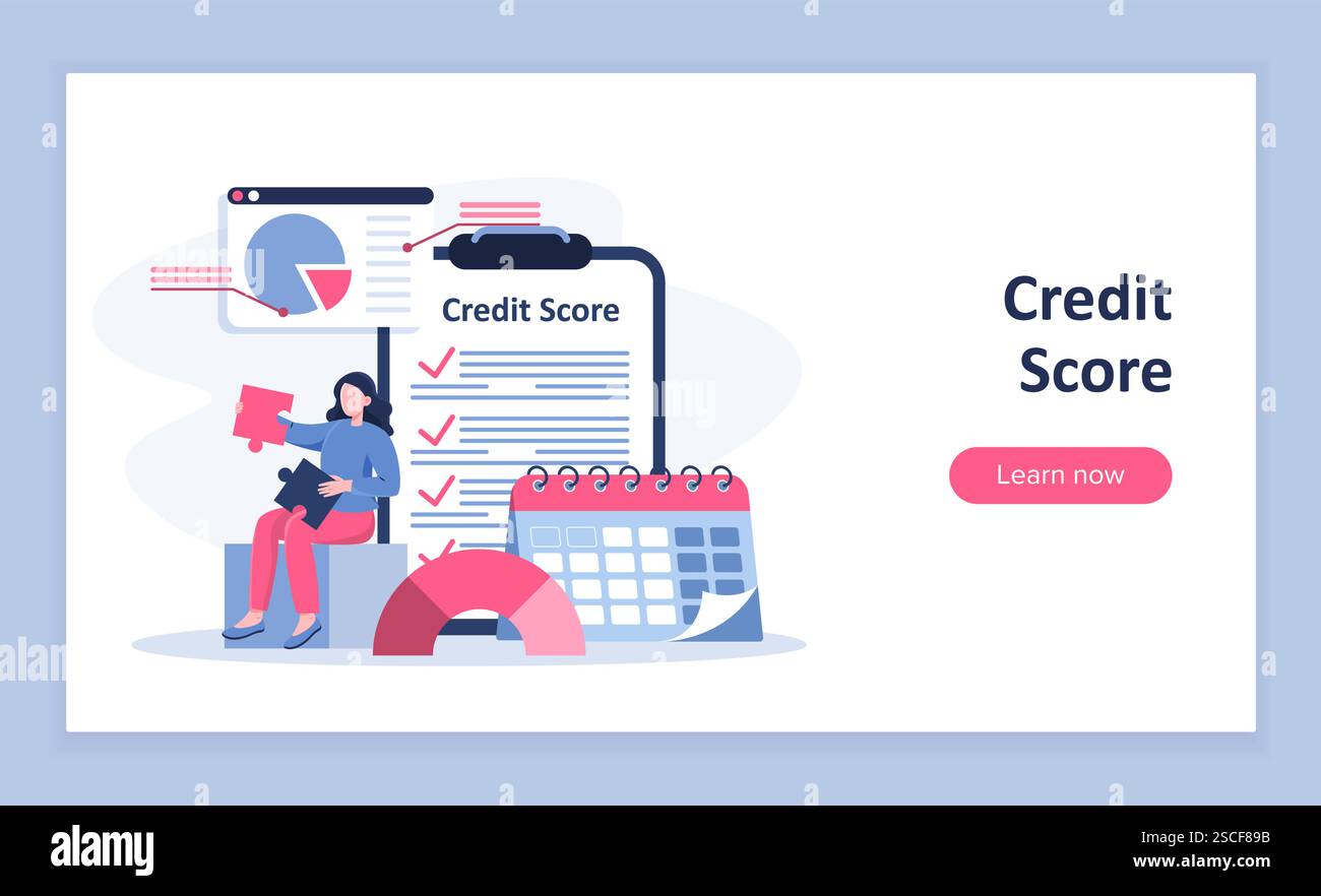 Credit score poster. Woman with laptop sitting near clipboard and ...