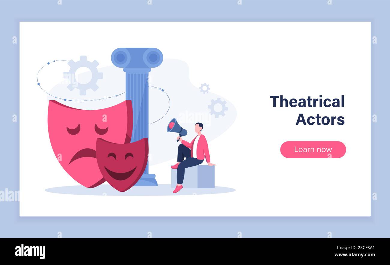 Theatrical actors poster. Man with loudspeaker near theatrical masks ...