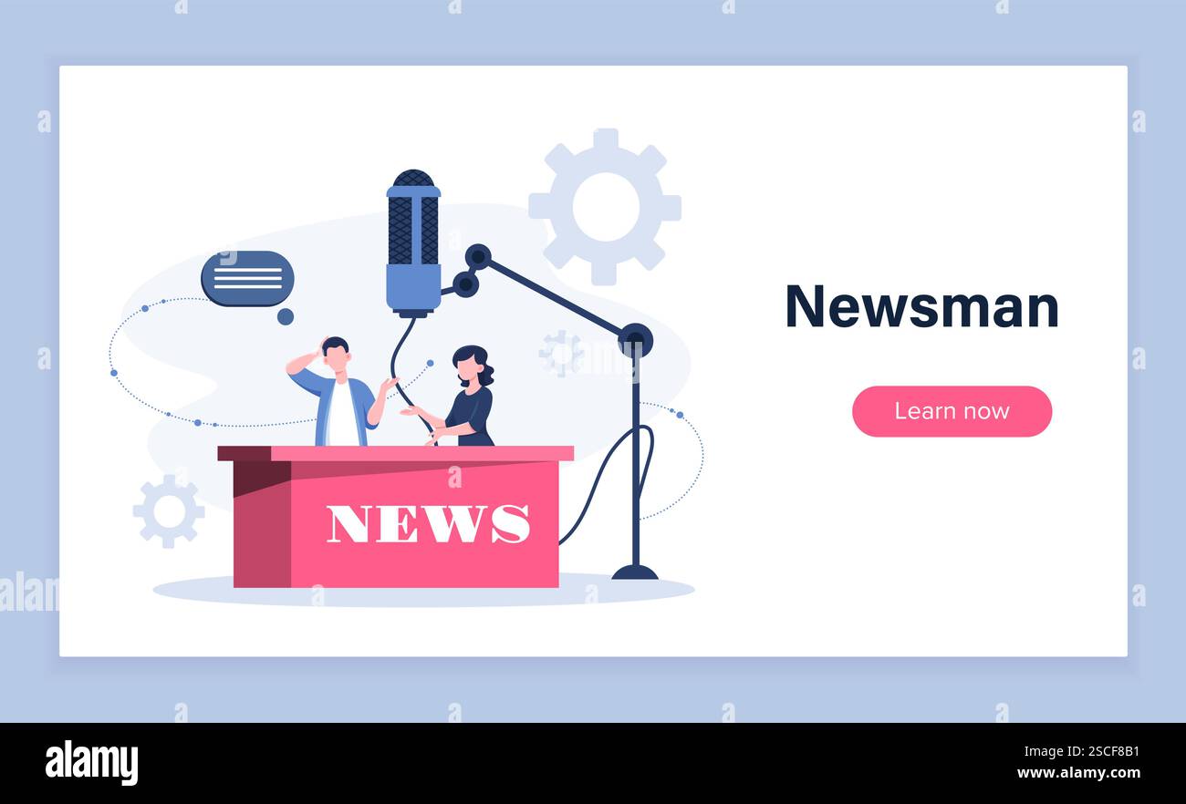 TV presenter poster. Man and woman near huge microphone. Mass media and ...