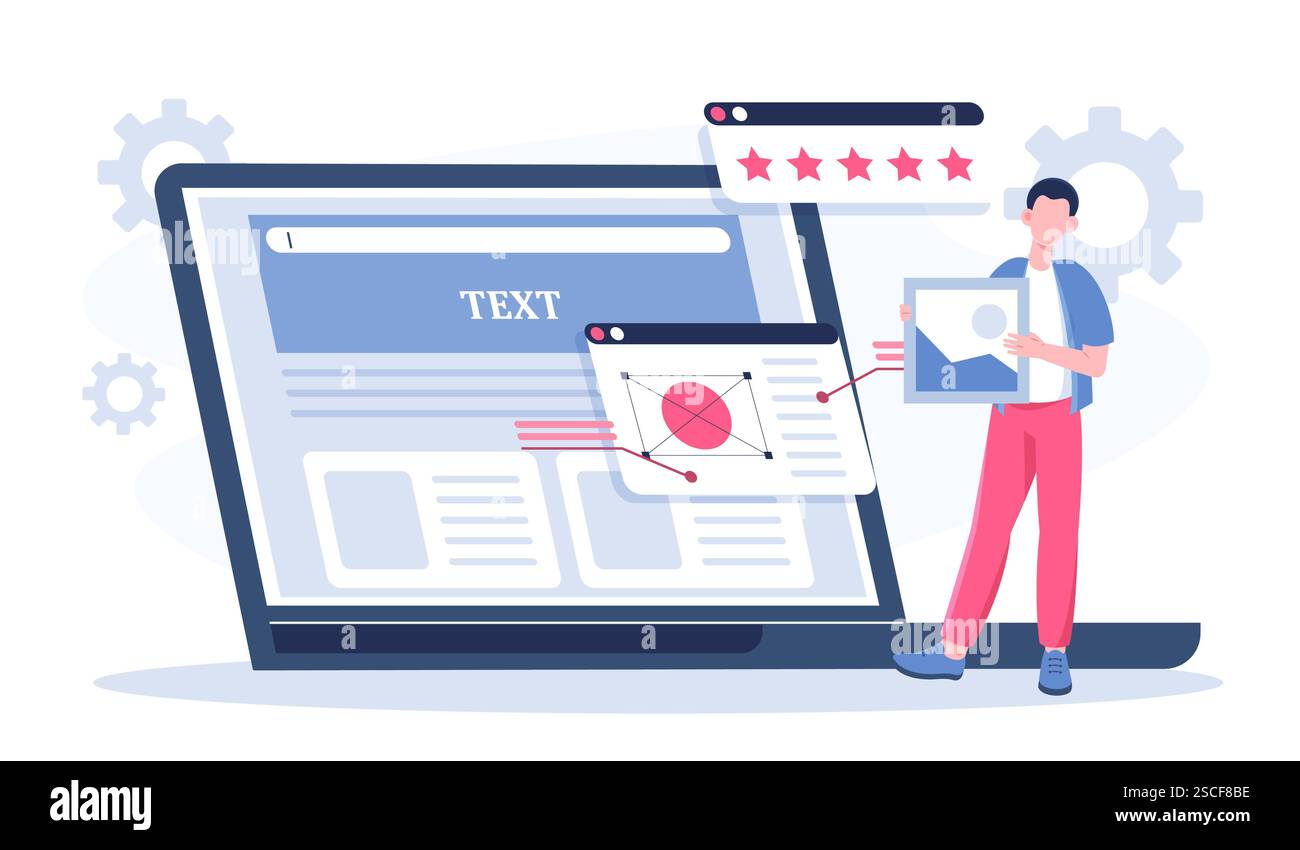 Website prototyping concept. Man near huge laptop develops design ...