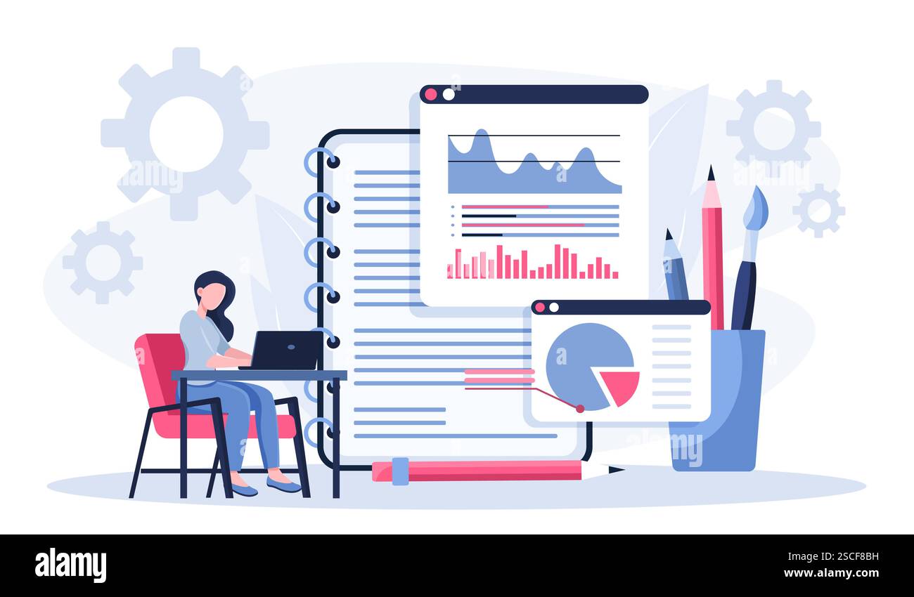 Website layout concept. Woman with laptop sitting near graphs and ...