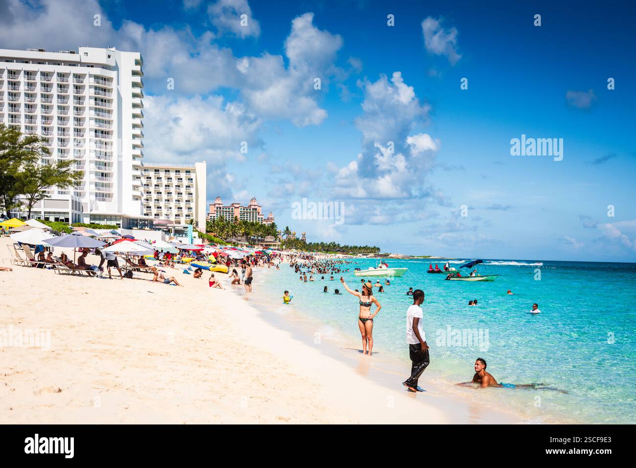 Nassau, Bahamas - August 19, 2018: White sand and aquamarine water make ...