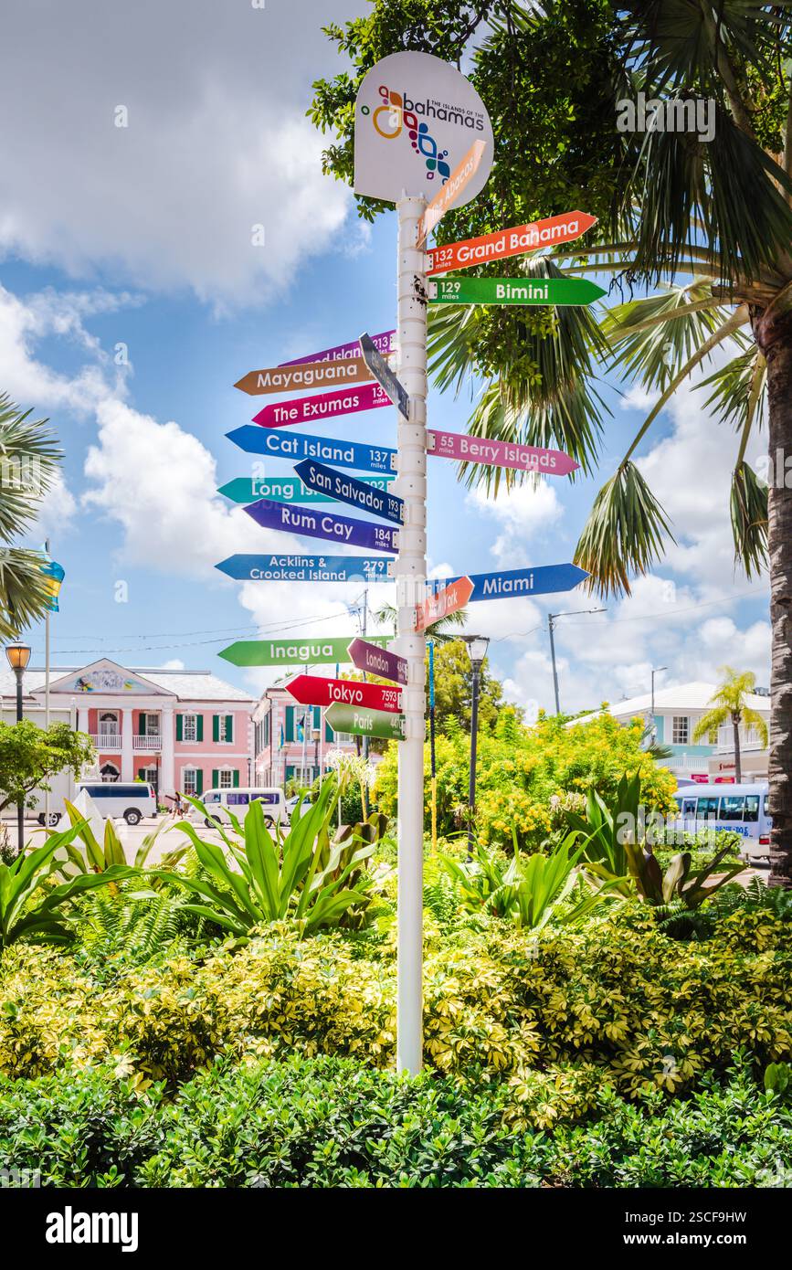 Nassau, Bahamas - August 19, 2018: Colorful sign posts pointing to ...