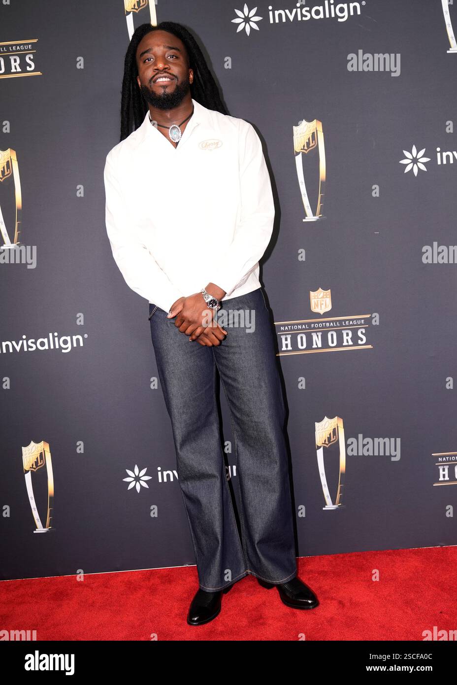 Artist Shaboozey poses on the red carpet at the NFL Honors award show ...