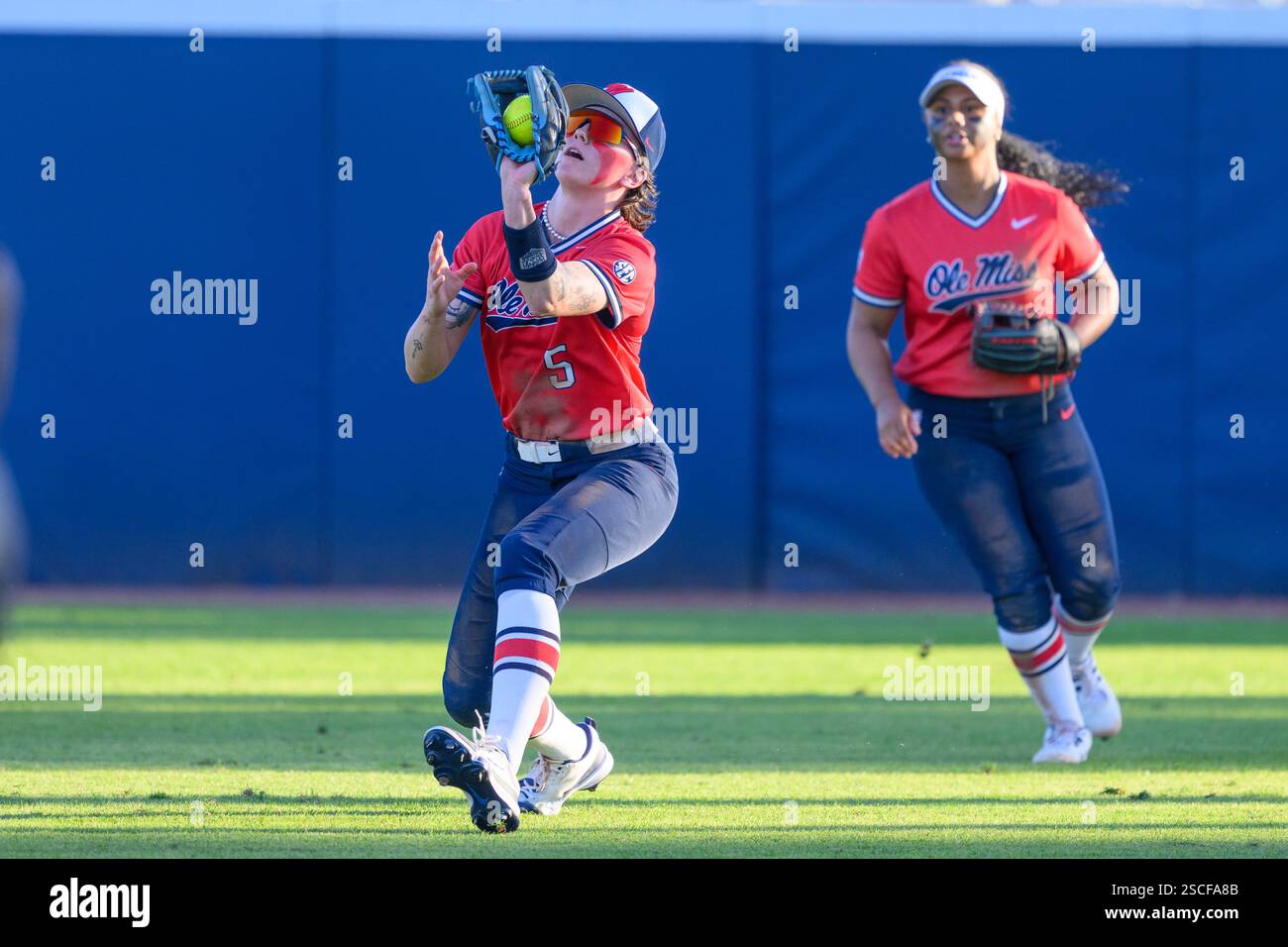 Mississippi infielder Ashton Lansdell (5) catches a fly ball during an ...