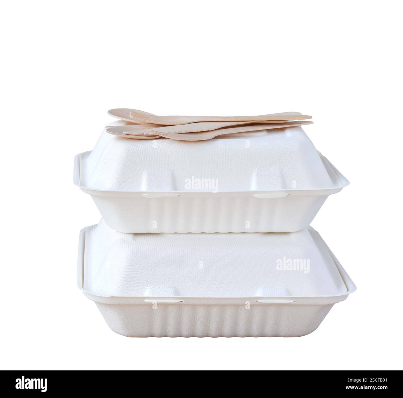 Stack of two biodegradable take out food containers with wooden bamboo ...