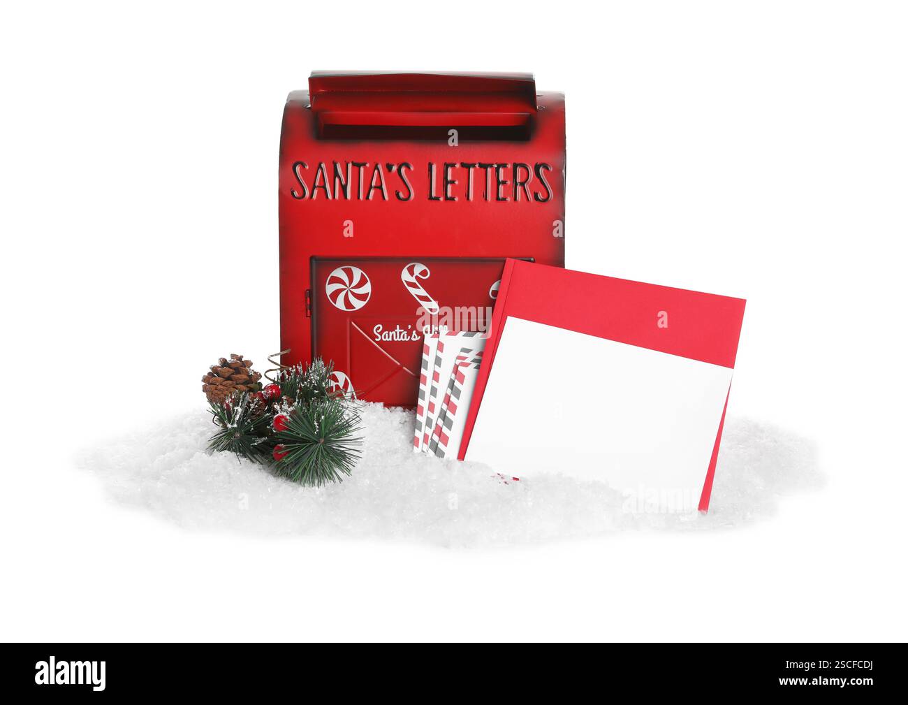 Santa Claus mail box with letters, pine branch and artificial snow ...