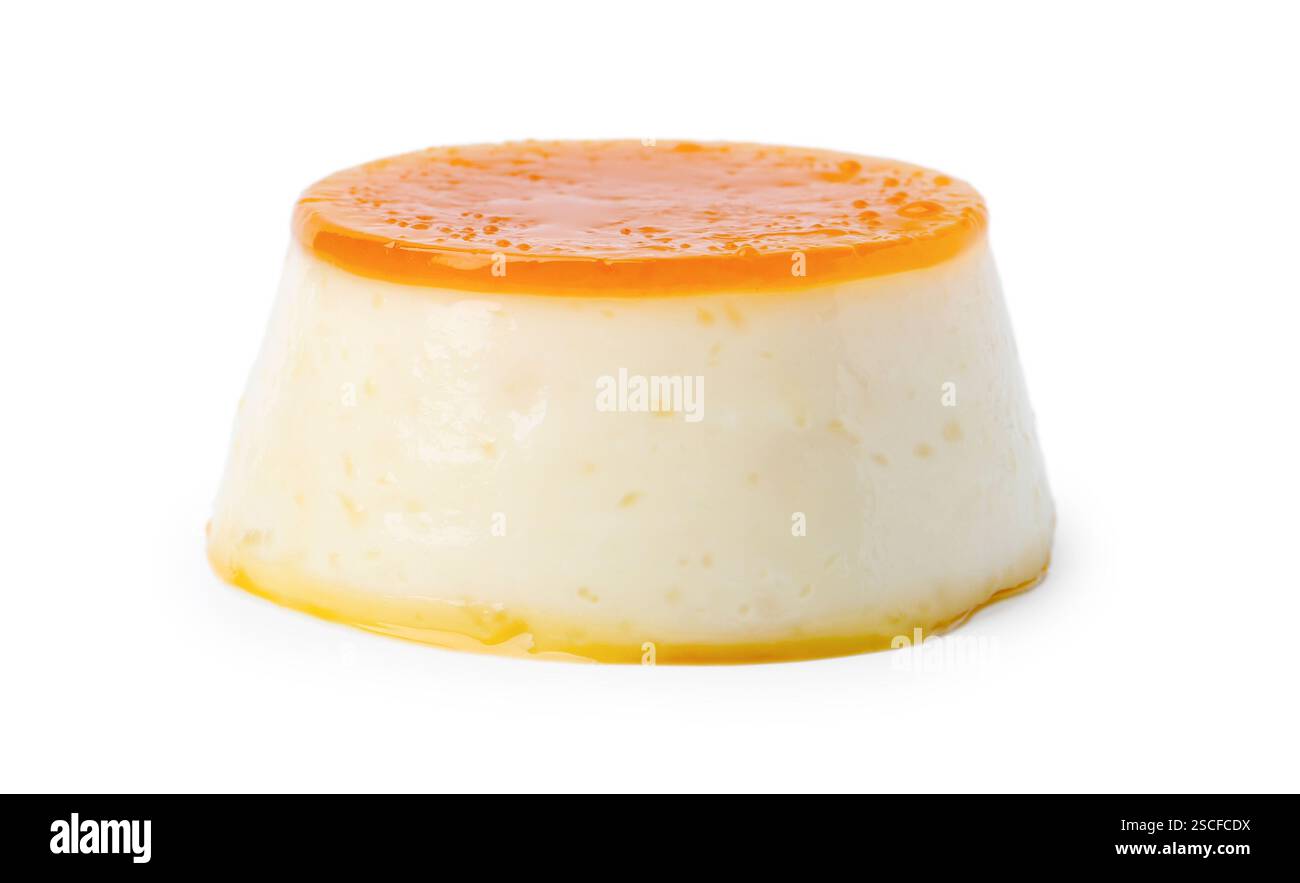 Tasty pudding with caramel sauce isolated on white Stock Photo - Alamy