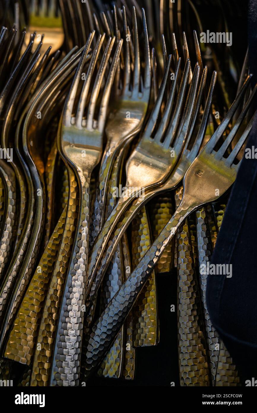 Pile Of Golden Forks Wait for Reception To Start at party Stock Photo ...
