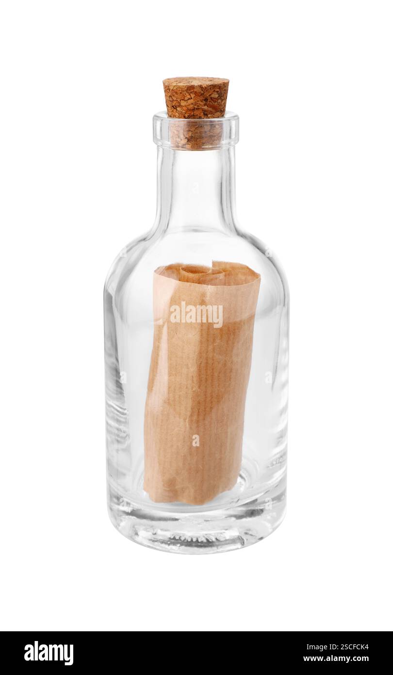 Corked glass bottle with rolled letter isolated on white Stock Photo ...