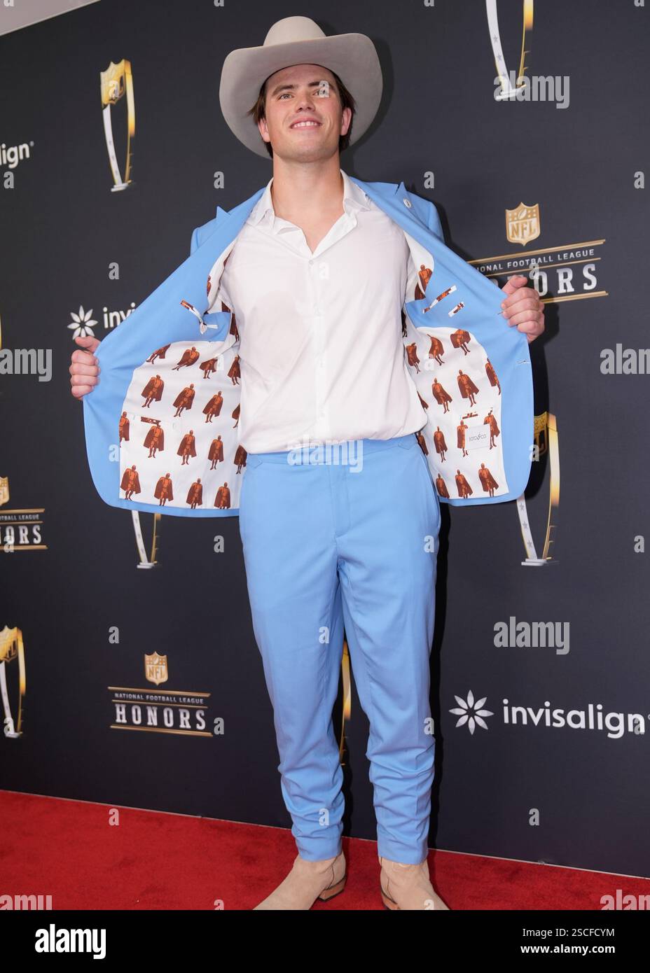 Cameron Dicker, of the Los Angles Chargers, pose on the red carpet at ...
