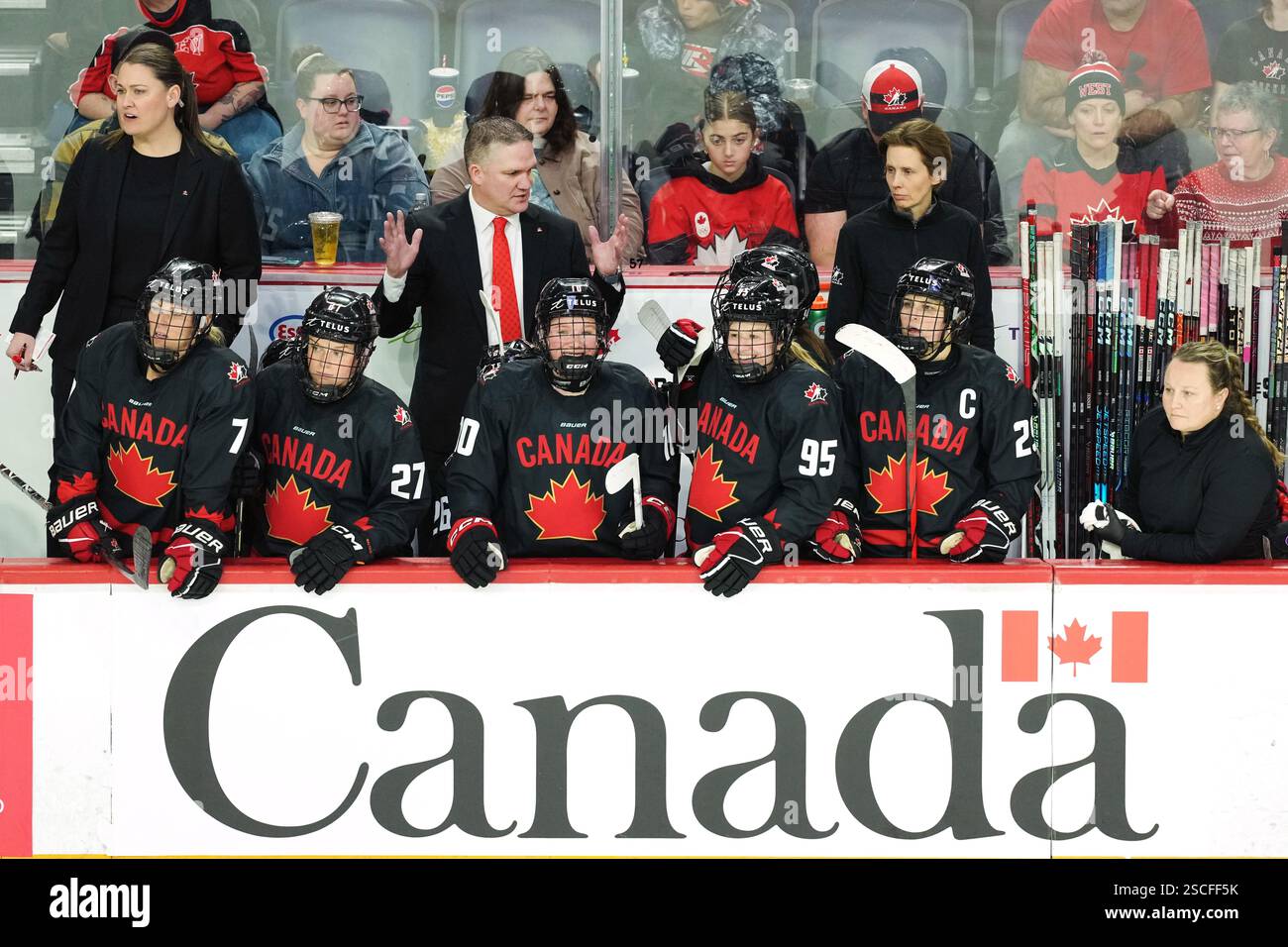Team Canada head coach Troy Ryan speaks to his players on the bench ...