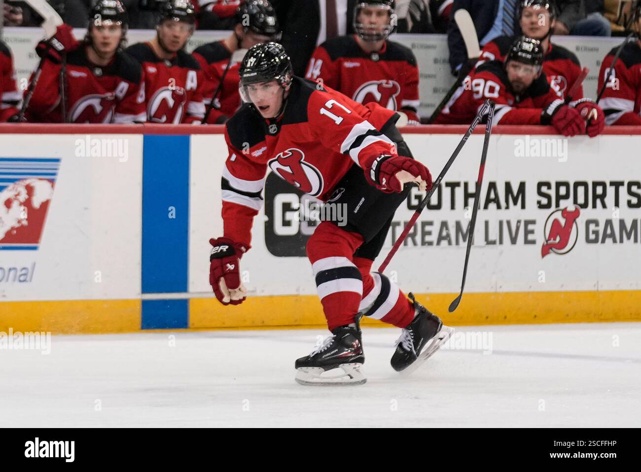 New Jersey Devils' Simon Nemec breaks his stick while trying to make a ...