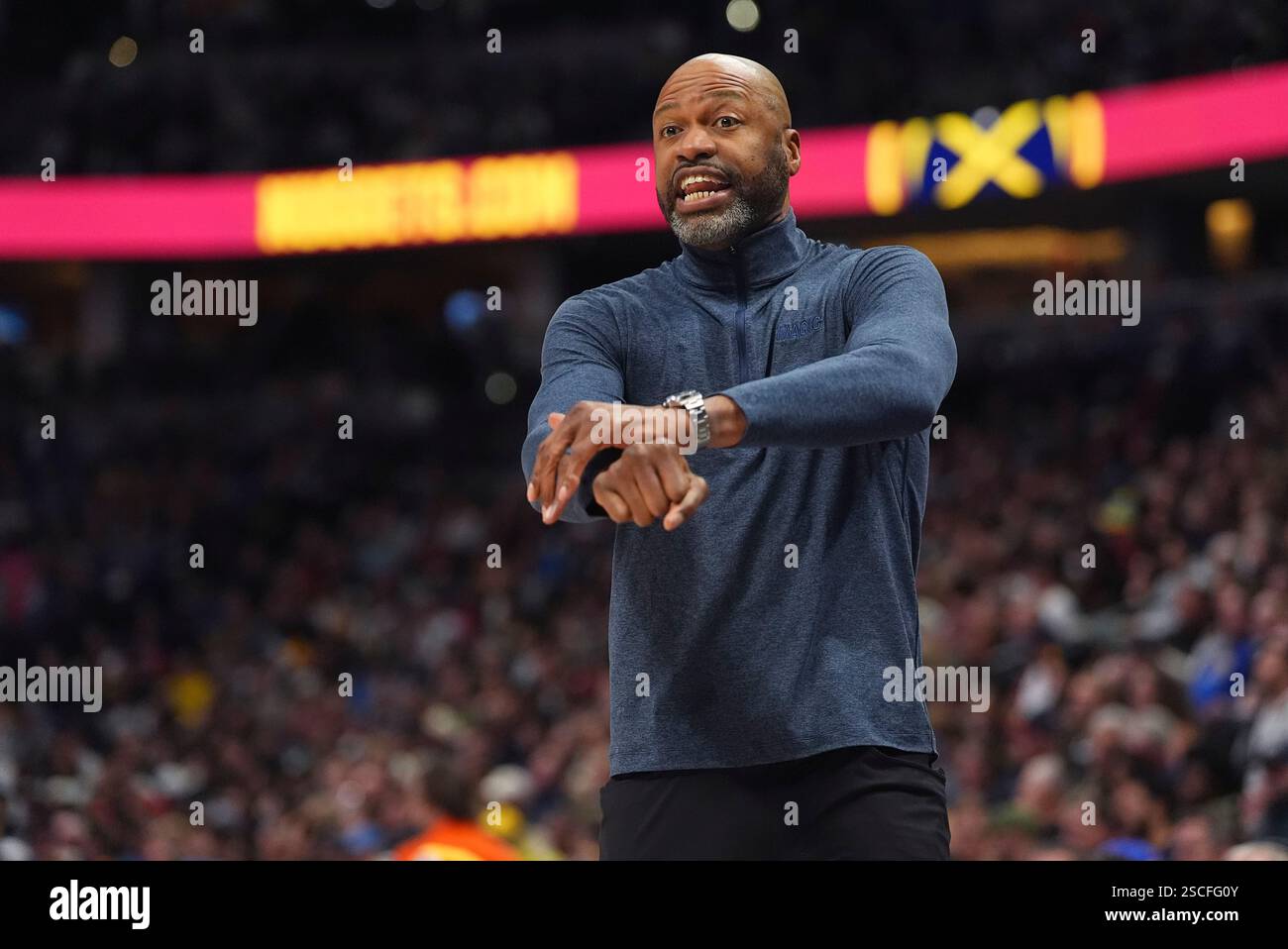Orlando Magic head coach Jamahl Mosley argues for a call in the first ...