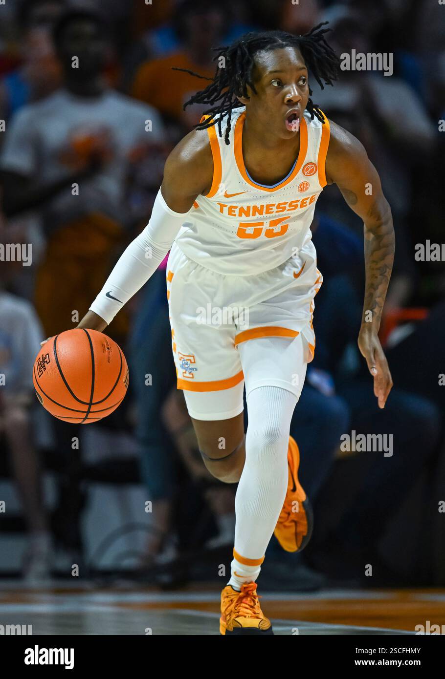 KNOXVILLE, TN - FEBRUARY 06: Tennessee Lady Vols guard Talaysia Cooper (55) pushes the ball up ...