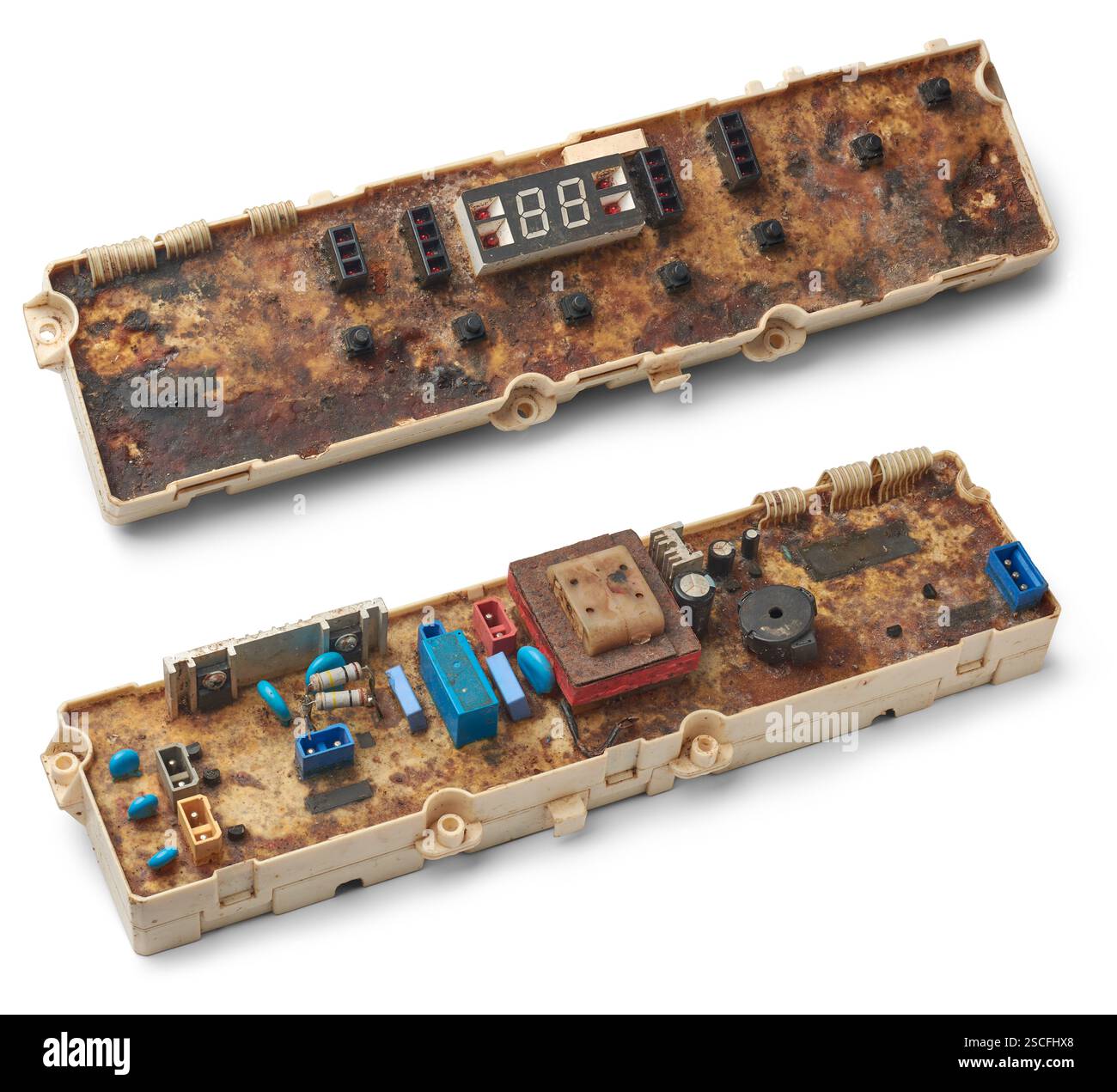 severely corroded and damaged control panel of washing machine isolated ...