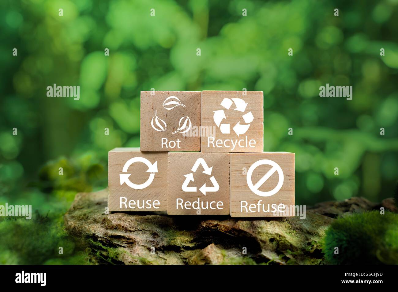 Wooden blocks with Reuse, Reduce, Recycle, Refuse, Rot symbol. 5 ...