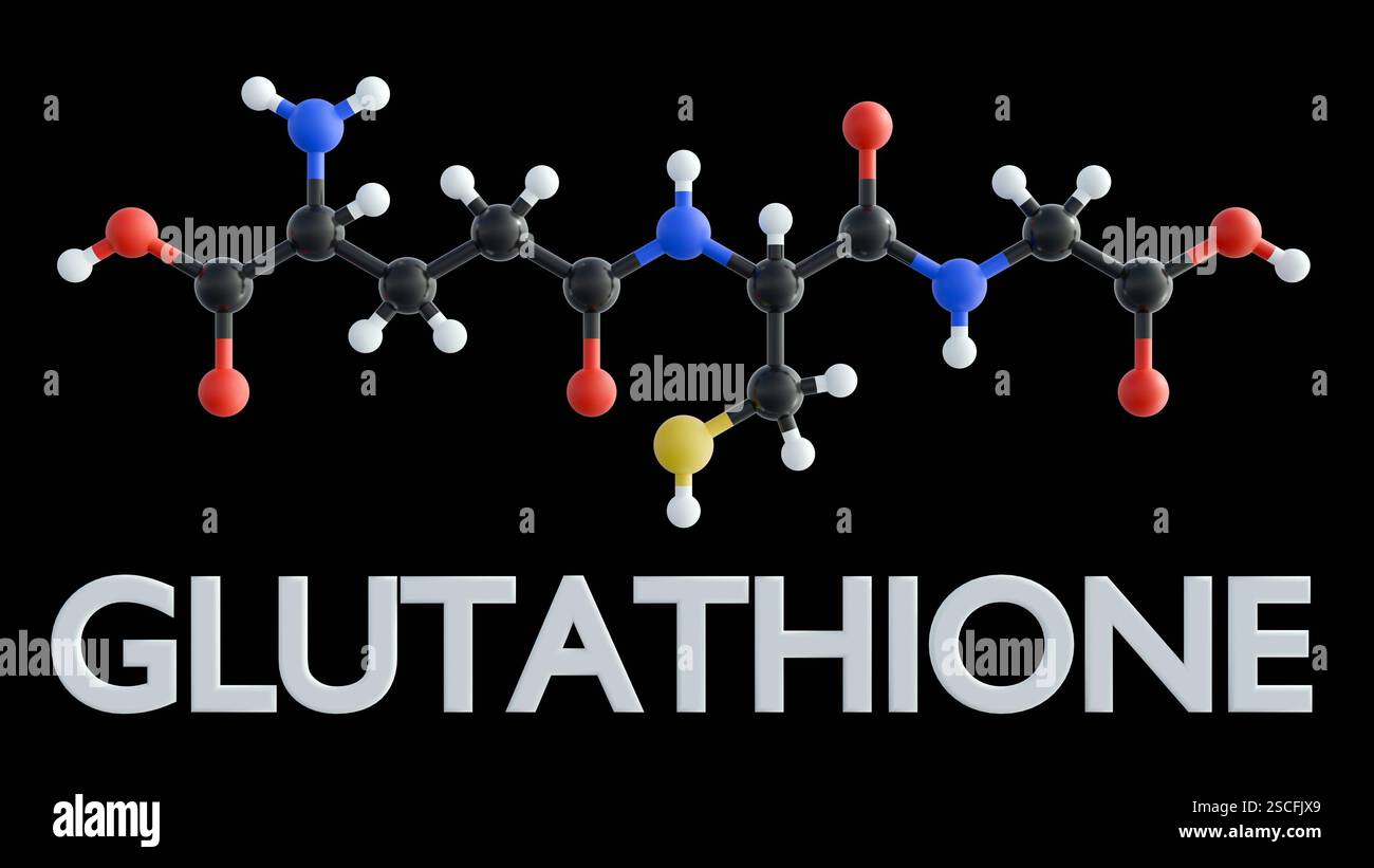 A 3D rendering of the word "Glutathione" and its chemical structure ...
