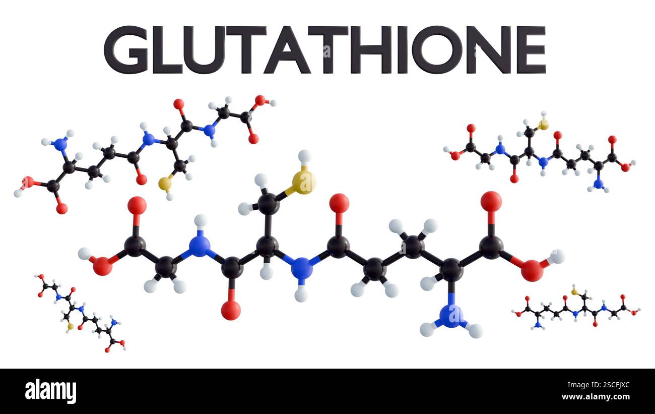 A 3D rendering of the word "Glutathione" and its chemical structure ...
