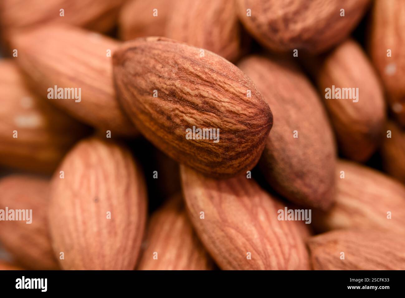 A collection of unpeeled almonds showcases their textured shells ...