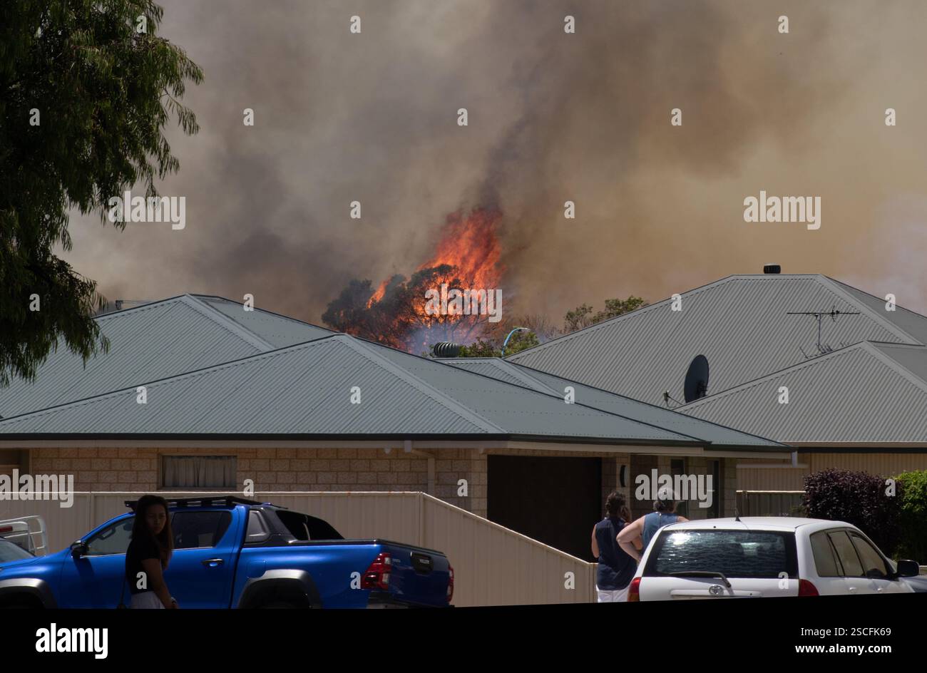 Flames and dense smoke from a bushfire close to homes in Esperance WA ...