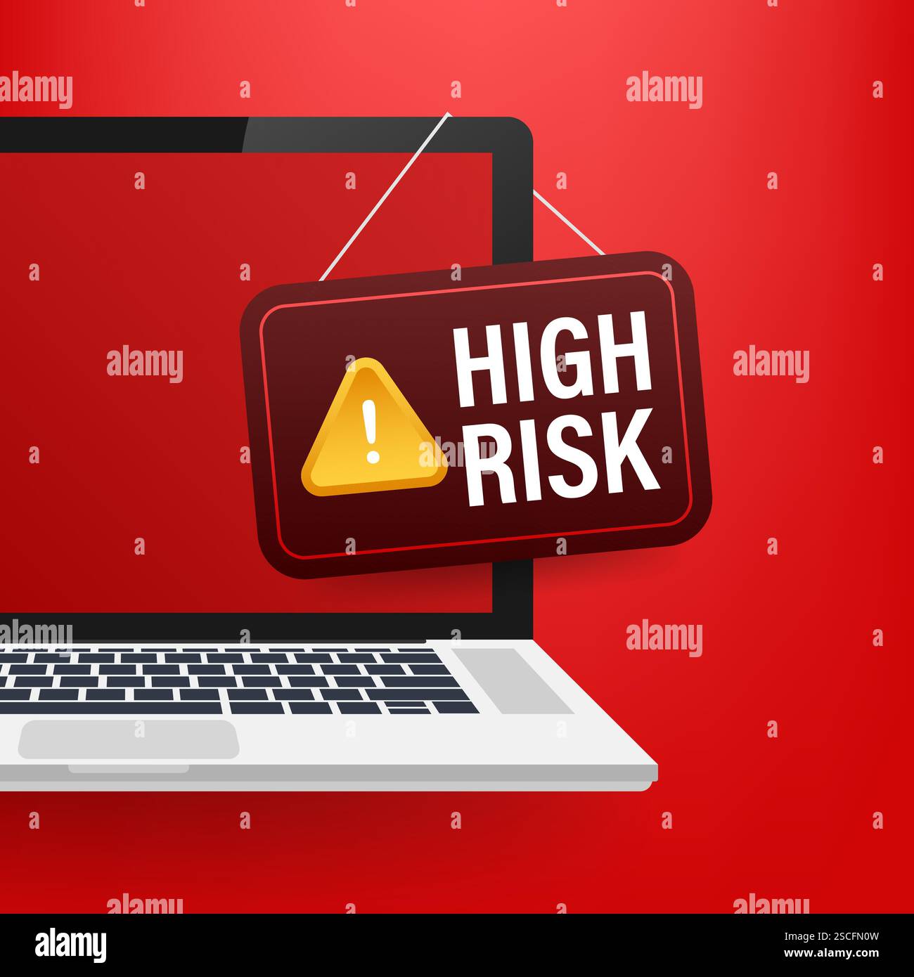 High risk sign hanging from laptop screen showing warning alert ...