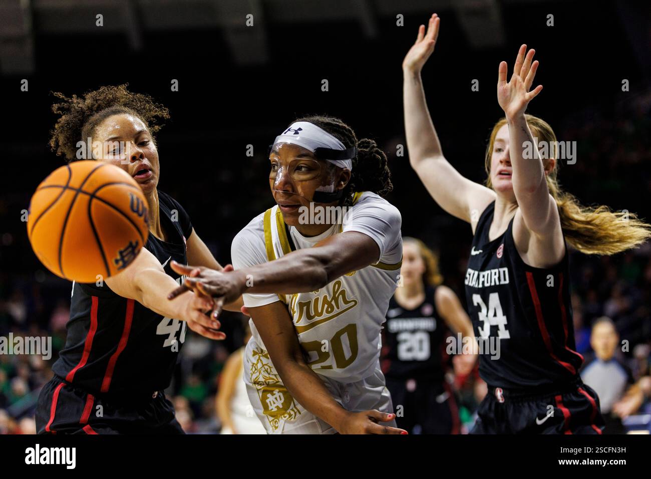 Notre Dame forward Liatu King (20) passes the ball as Stanford forward ...