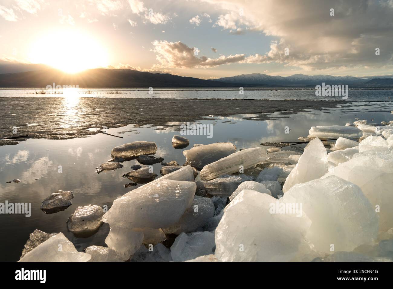 Ice stacks in horizontal image at Vineyard Beach on Utah Lake in Utah ...