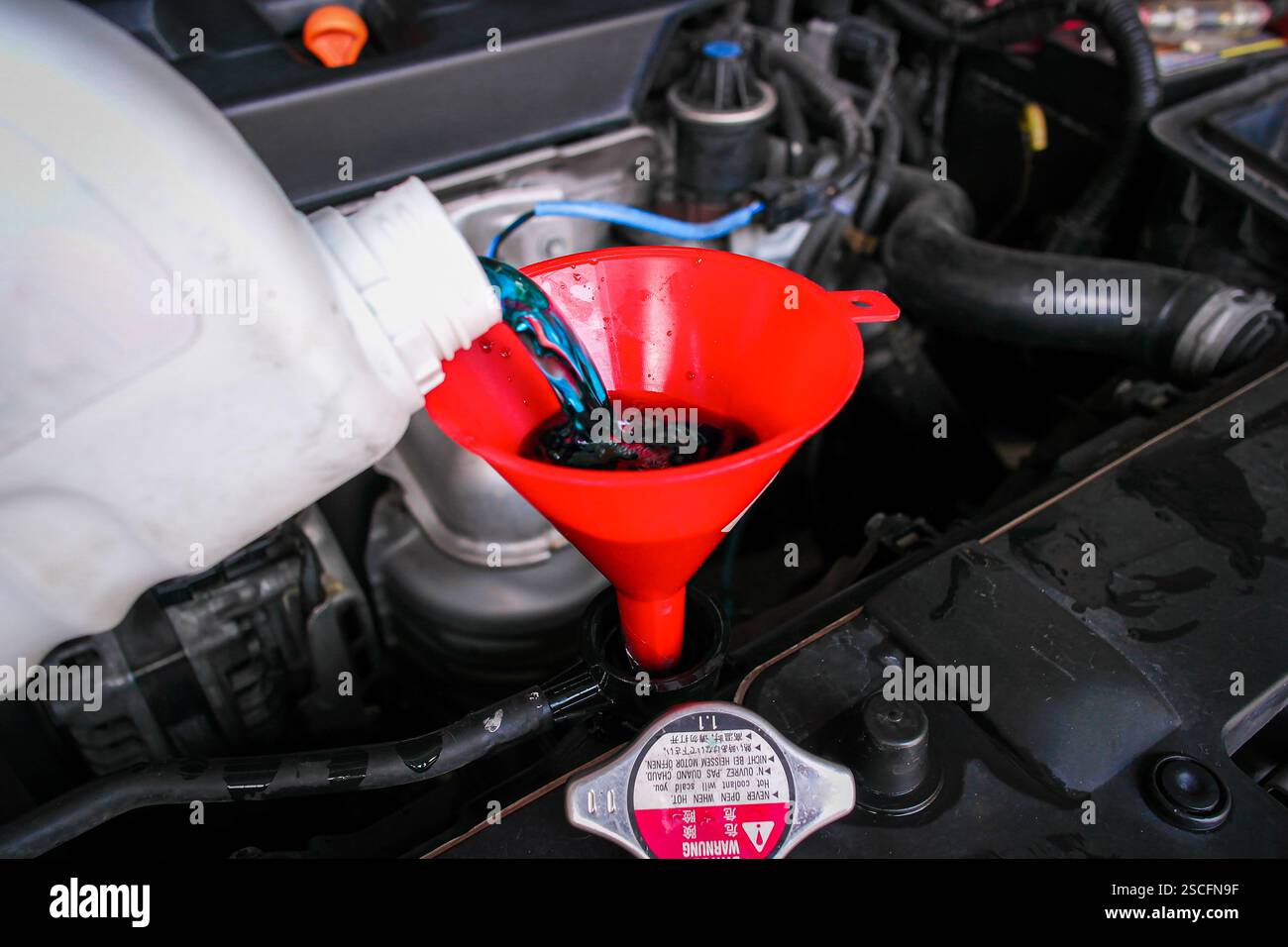 Pouring coolant liquid into a funnel of car radiator , Radiator coolant ...