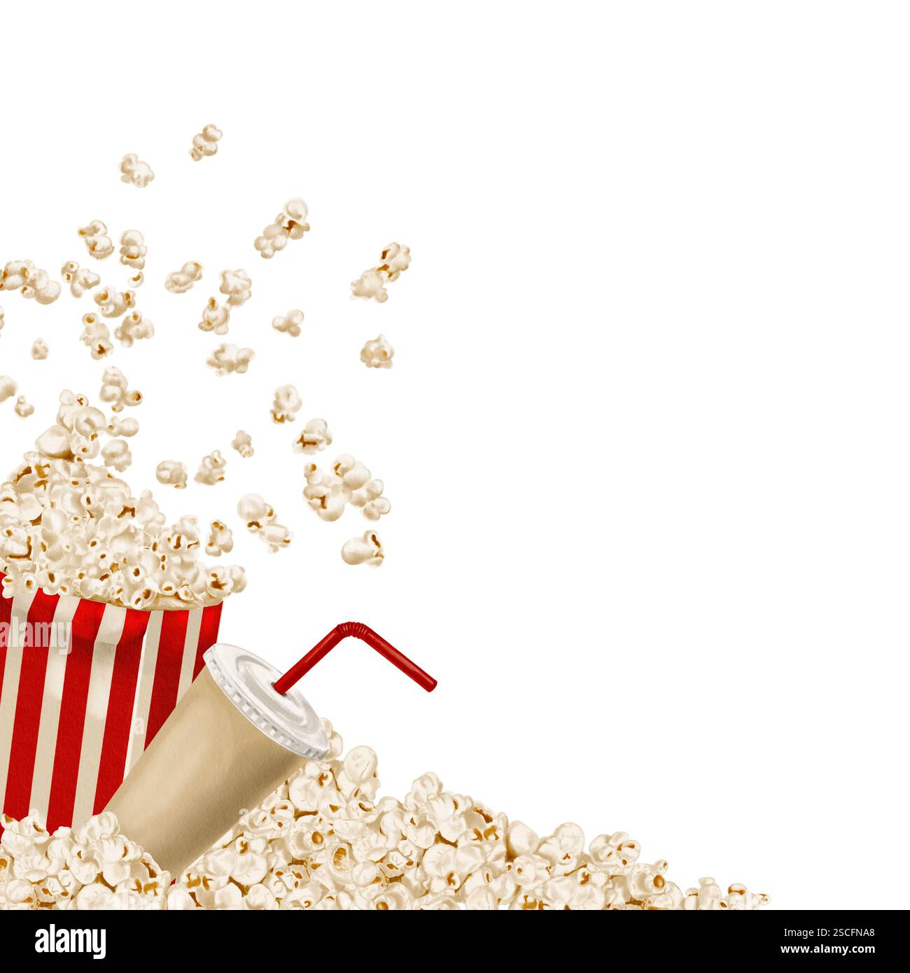 Popcorn crumbles and flies. corn in a paper bag. Drink in a paper glass ...
