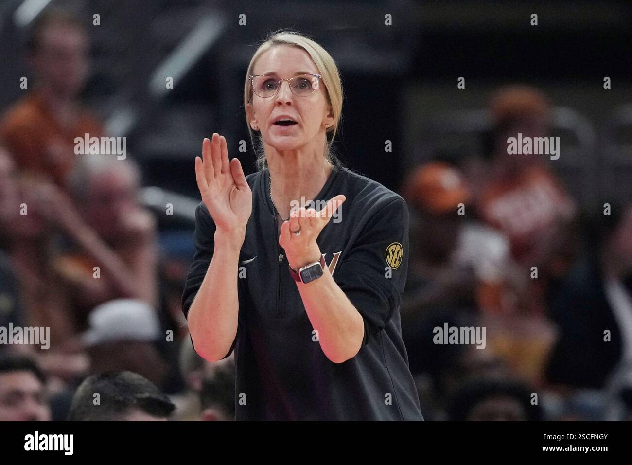 Vanderbilt head coach Shea Ralph talks to her players during the first ...