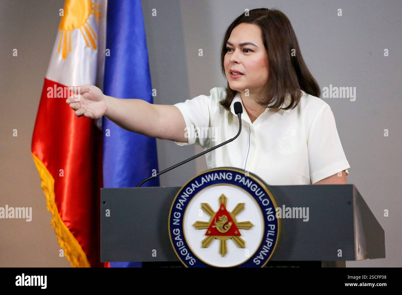 Philippine Vice President Sara Duterte gestures as she speaks during a ...