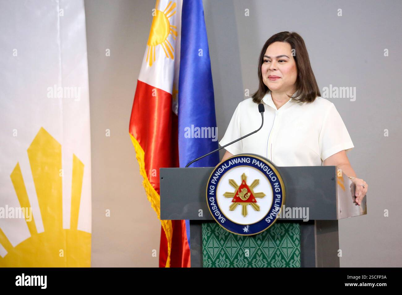 Philippine Vice President Sara Duterte gestures as she speaks during a ...