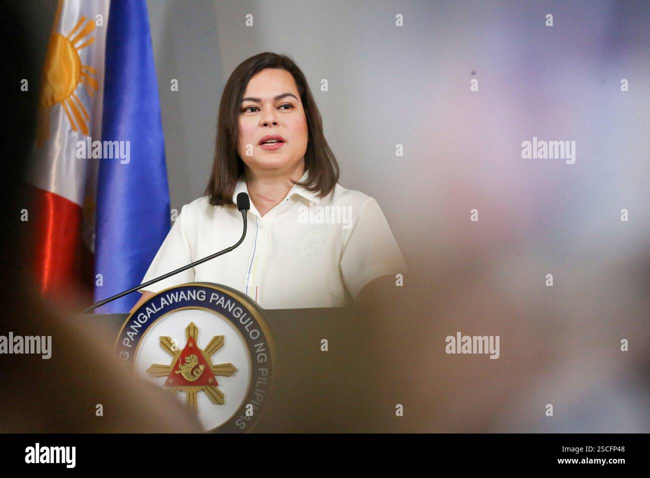 Philippine Vice President Sara Duterte speaks to the media during a ...