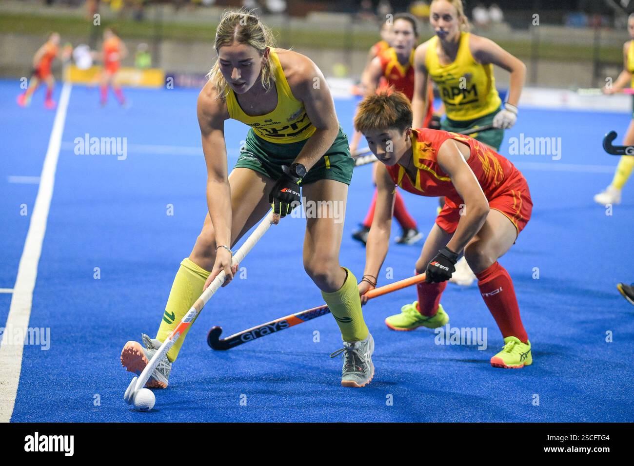 Claire Colwill (L) of Australia Women Hockey team and Yang Liu (R) of ...