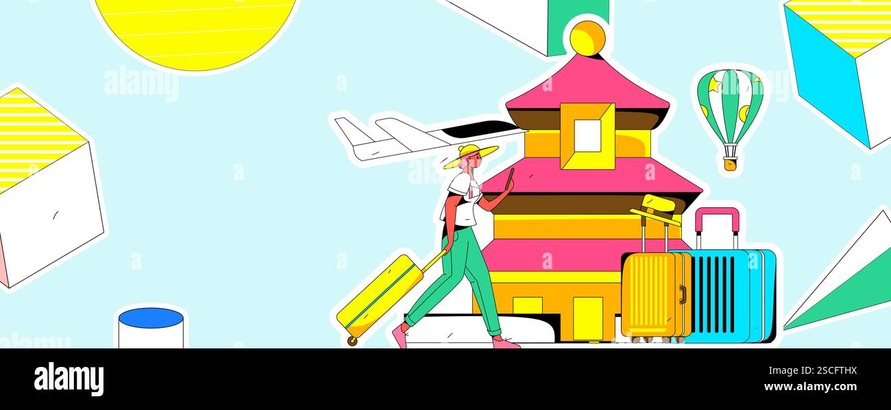 Holiday travel travel characters internet background vector hand drawn ...