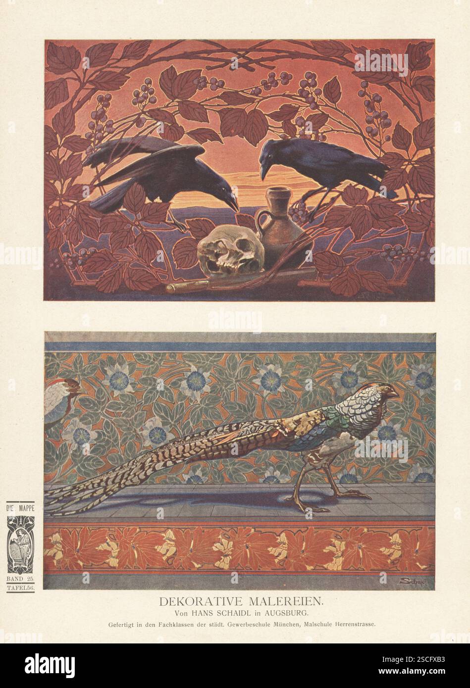 Decorative art nouveau paintings by Hans Schaidl of Augsburg. Crows ...