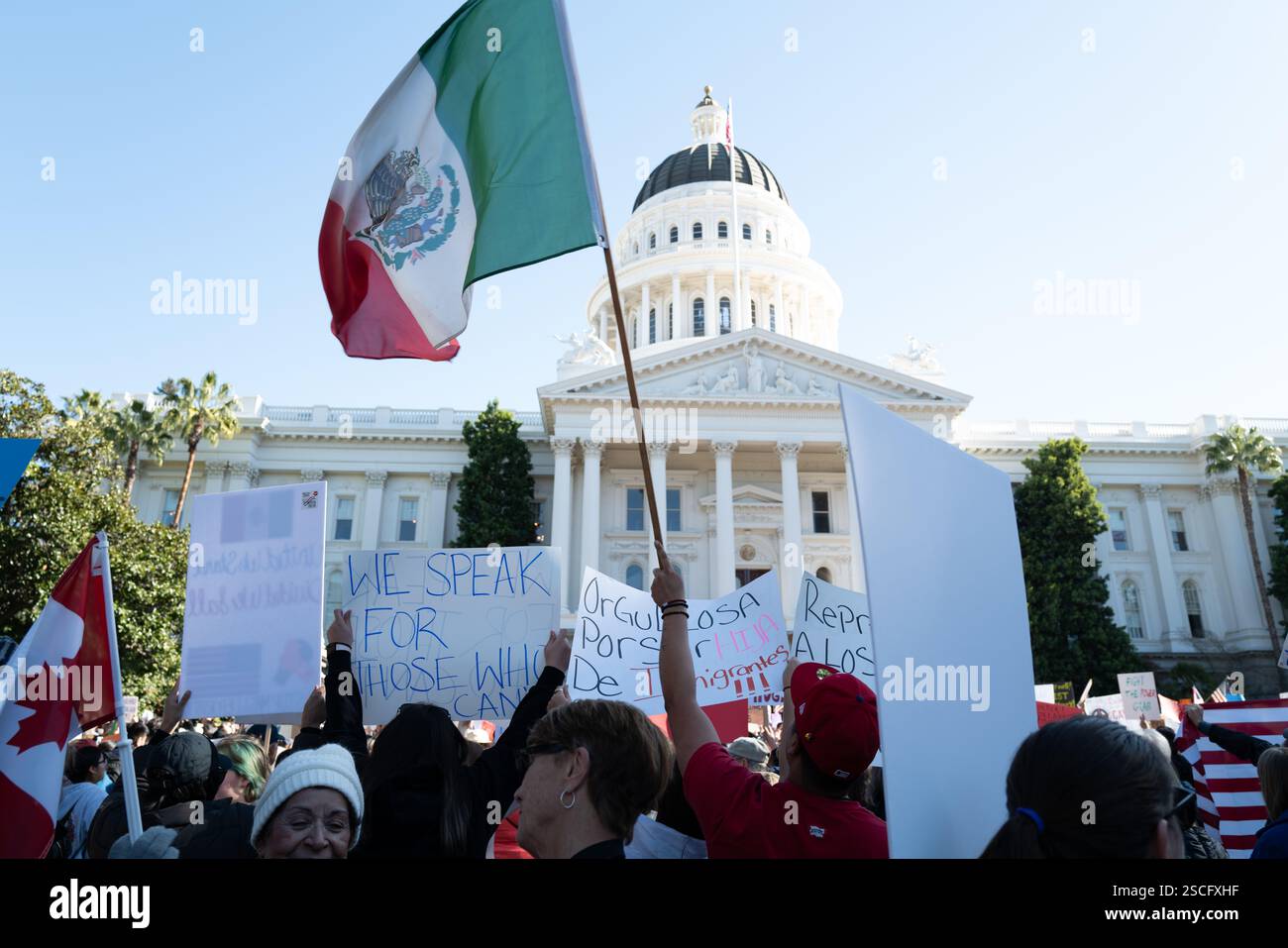 Activists hold up a Mexican flag and signs about pride at the state ...