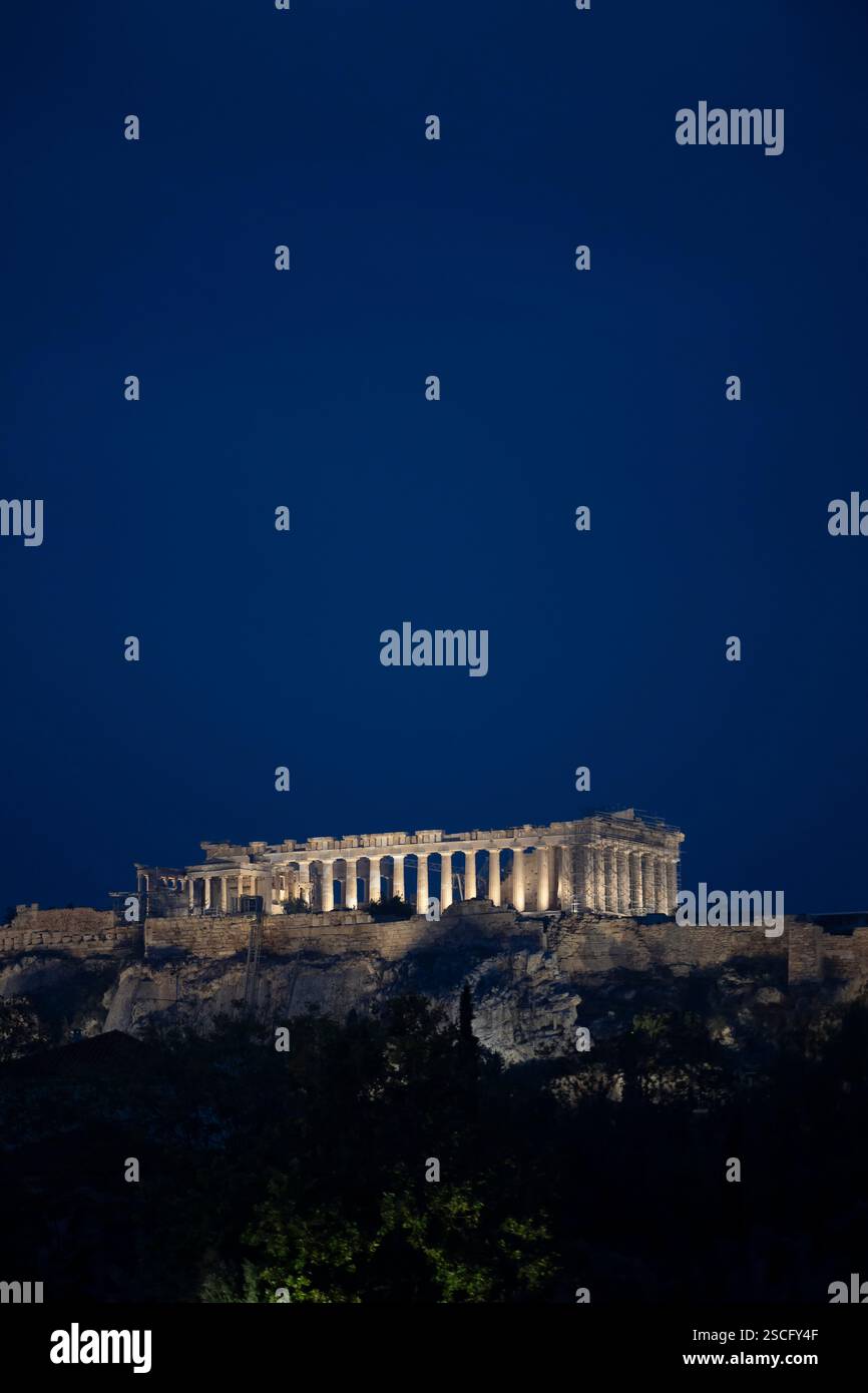 Acropolis lighted at night at the blue hour from down in the city of Athens, Greece Stock Photo ...