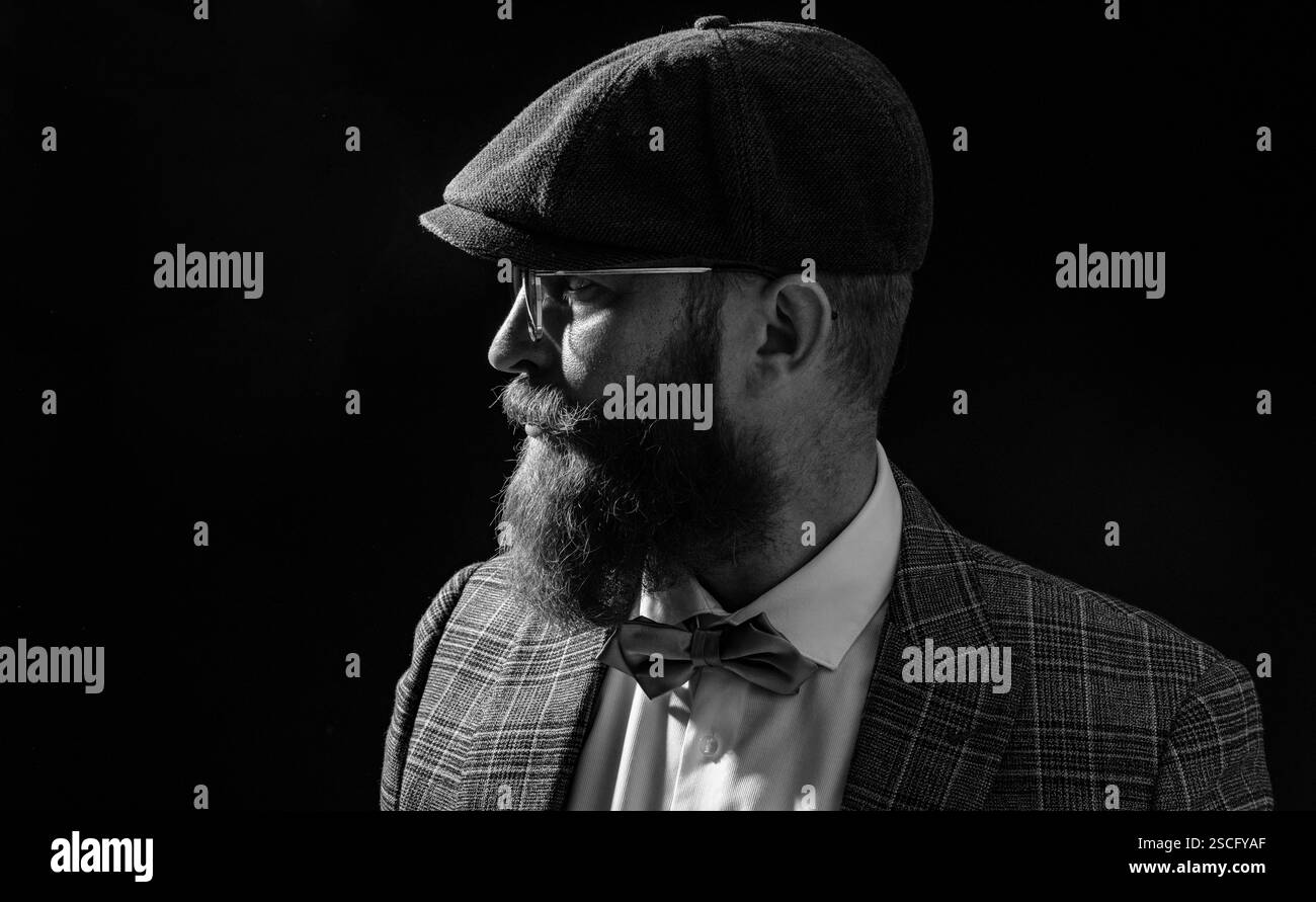 Brutal gentleman with moustache. Man gangster with beard. Bearded man ...